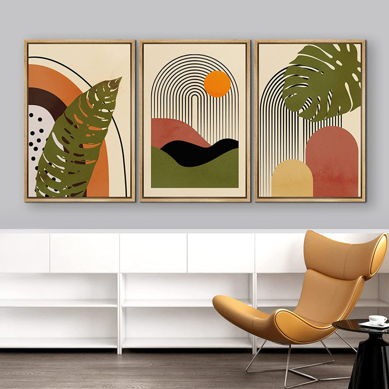 Mid Century Modern Boho Tropical Palm Leaf 3 Piece Floater Frame Graphic Art Set on Canvas 36 H x 72 W x 1.5 D Natural